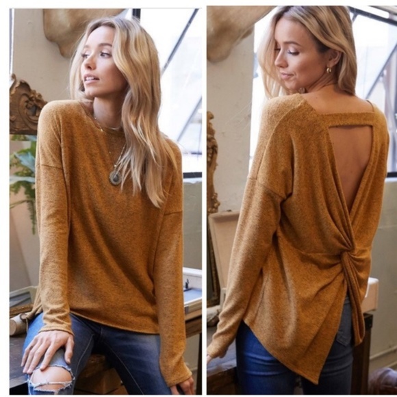 Tops | Last One Mustard Open Back Knit Sweater | Poshmark